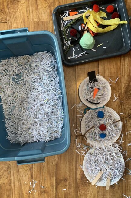 Shredded Paper Snowman Sensory Bin for Play Time "Oh No! I'm Melting!"