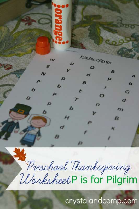 Thanksgiving P is for Pilgram Preschool Worksheet from Crystal & Co