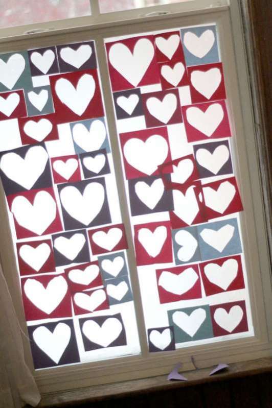 Valentine Window of Toddler Painted Hearts